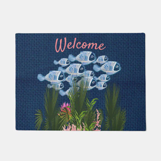 Navy Textured,Fish,Pink-Coral Doormat | Zazzle