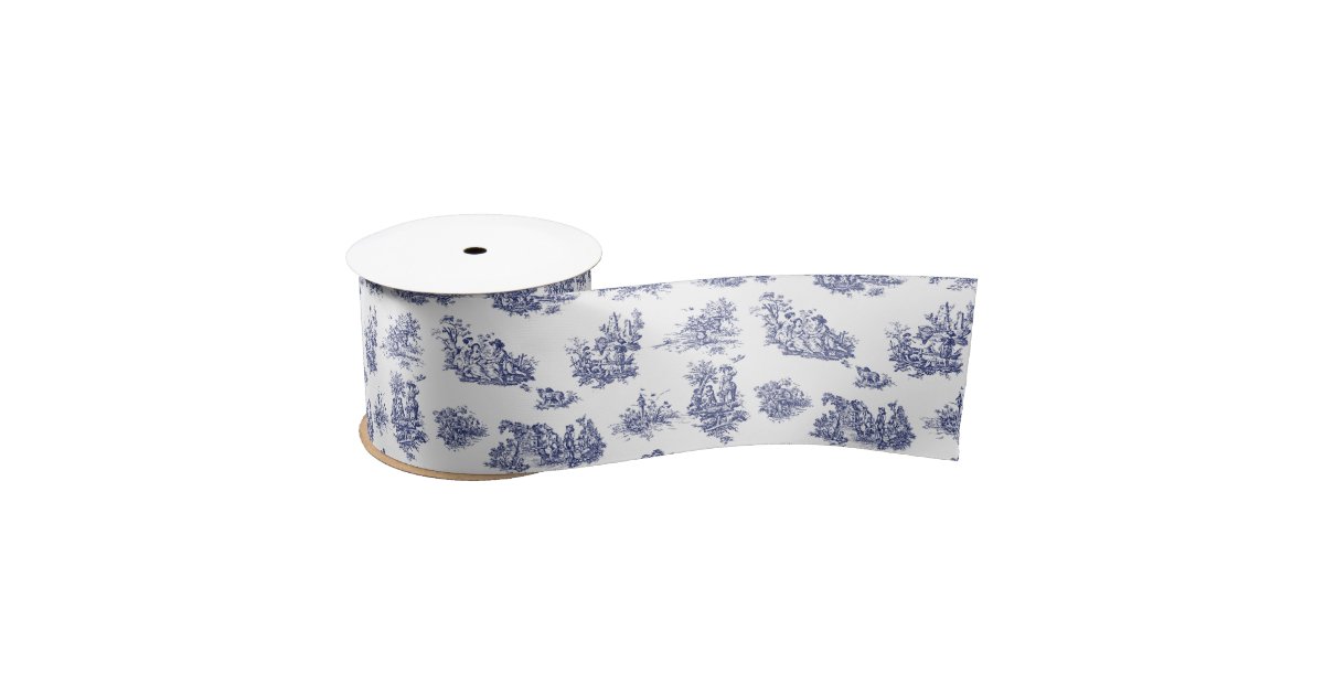 Navy Toile Satin Ribbon | Zazzle