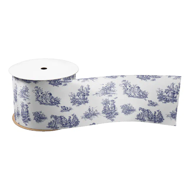 Navy Toile Satin Ribbon | Zazzle