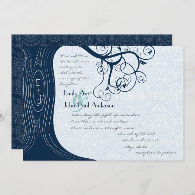 Navy Tree Swirls Wedding Invitation | Zazzle