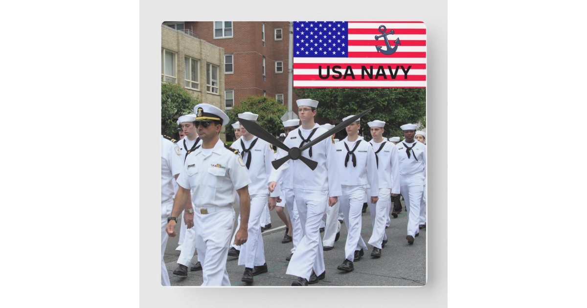 Navy USA Marching Saillors in white military unifo Square Wall Clock ...