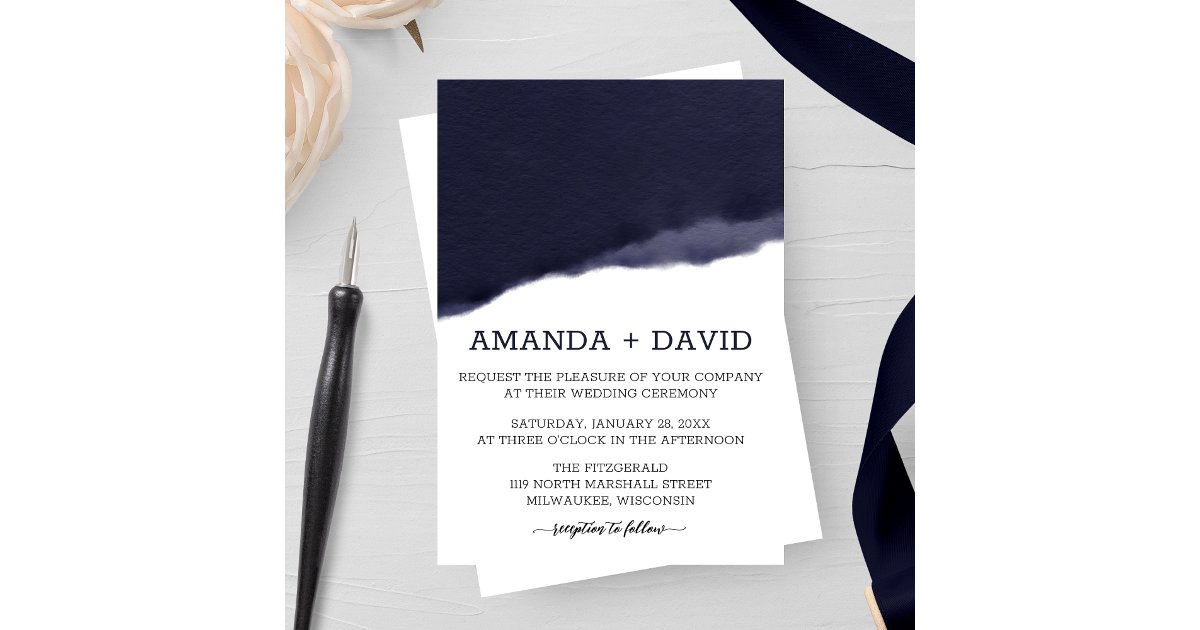 Navy Watercolor Brush Stroke Wedding Invitation | Zazzle
