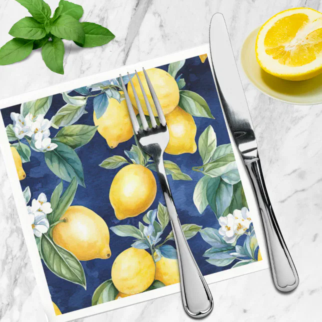 Navy Watercolor Lemons Pattern European Italian Napkins | Zazzle