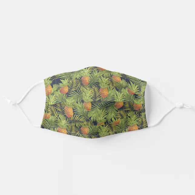 Navy & Watercolor Pineapple Palm Leaves Pattern Adult Cloth Face Mask ...