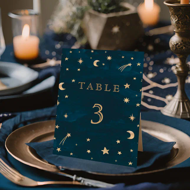 Navy Whimsical Gold Stars Moon Astronomy Wedding Table Number | Zazzle