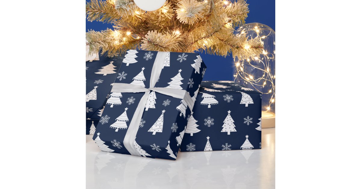 Navy & White Festive Christmas Tree Pattern Wrapping Paper | Zazzle