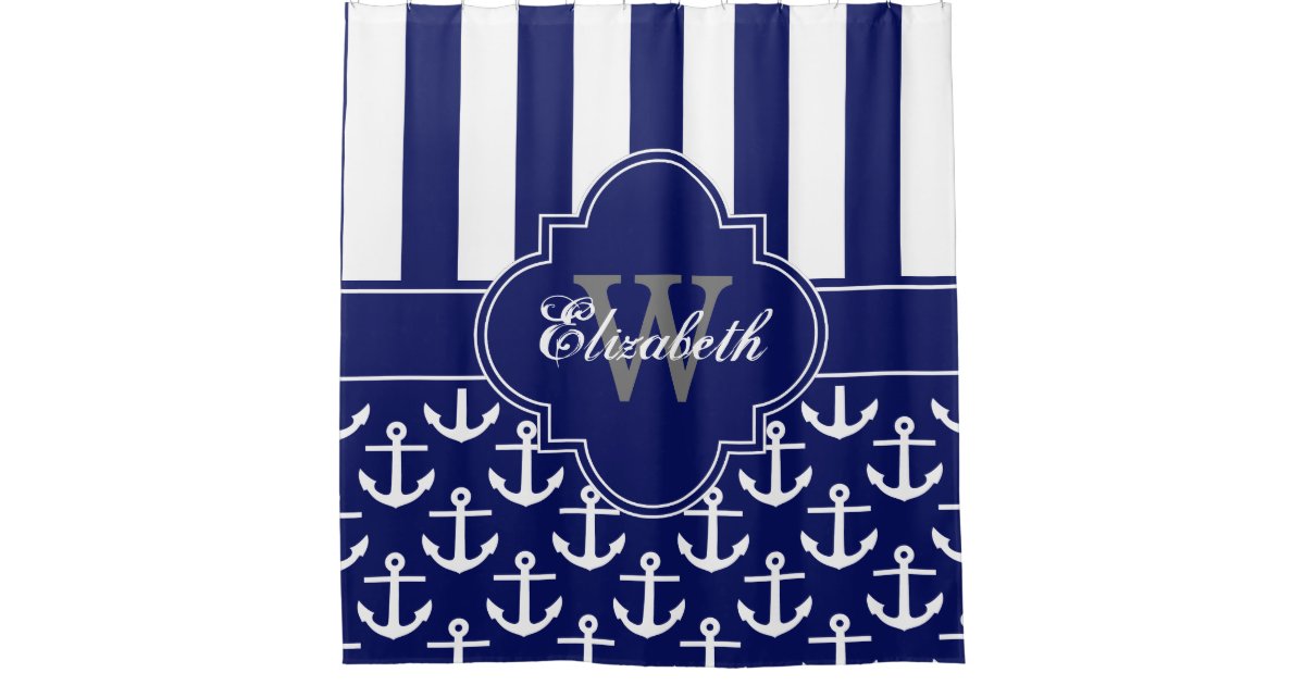 Navy White Lg Anchor Stripe 1icbr Monogram Shower Curtain Zazzle
