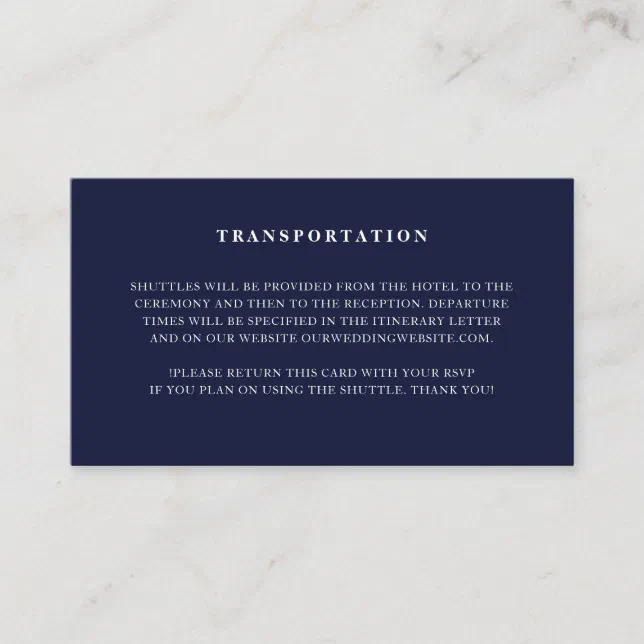 Navy White Minimalist Wedding Transportation Enclosure Card | Zazzle