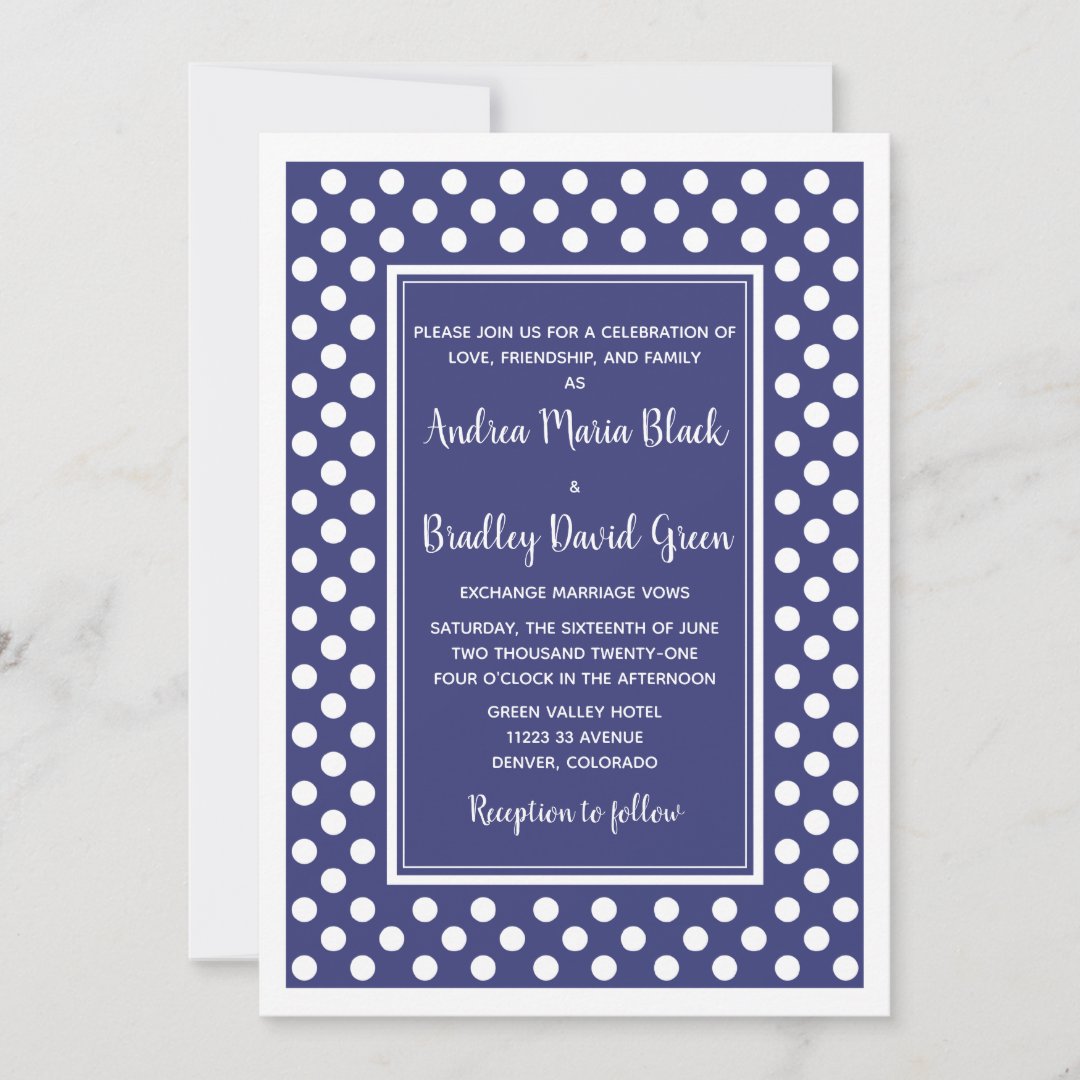 Navy White Polka Dot Wedding Invitation | Zazzle