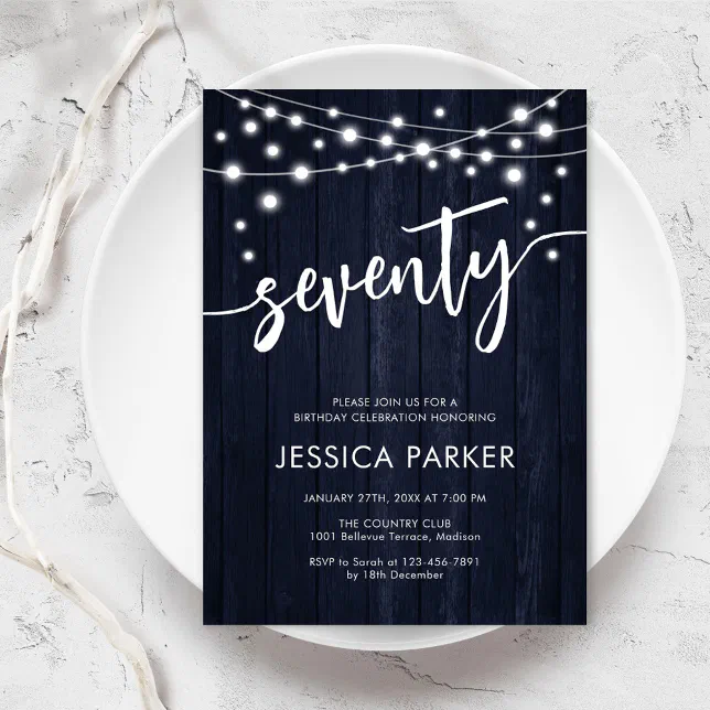 Navy White Rustic Wood 70th Birthday Party Invitation | Zazzle