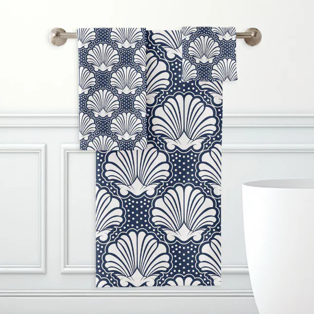 Navy & White Seashell Bath Towel Set | Zazzle