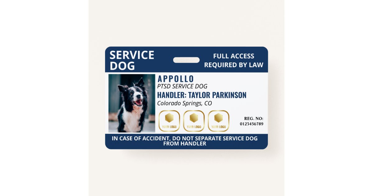 Navy White Service Dog 3 Logo & Photo ID Badge | Zazzle
