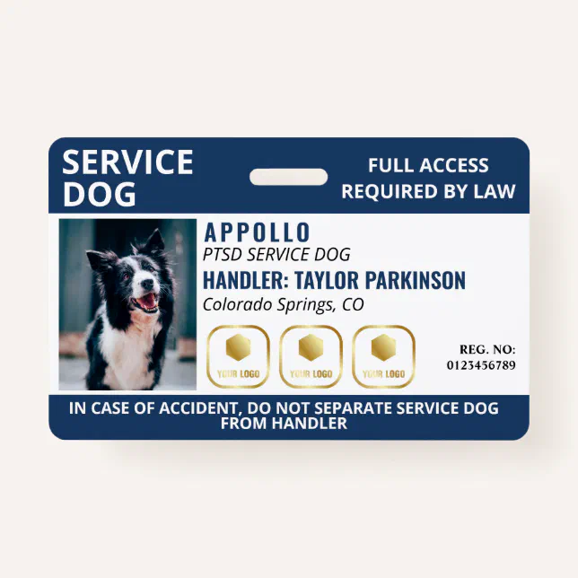 Navy White Service Dog 3 Logo & Photo ID Badge | Zazzle