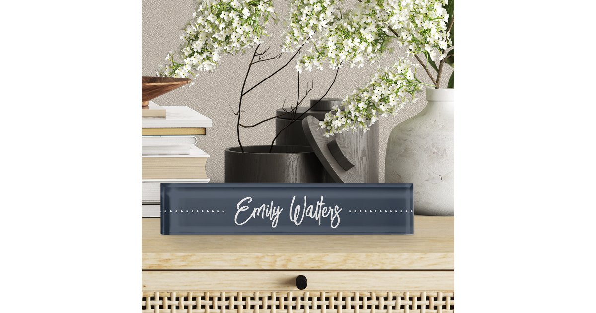 Navy & White Sketched Cursive Script Desk Name Plate | Zazzle