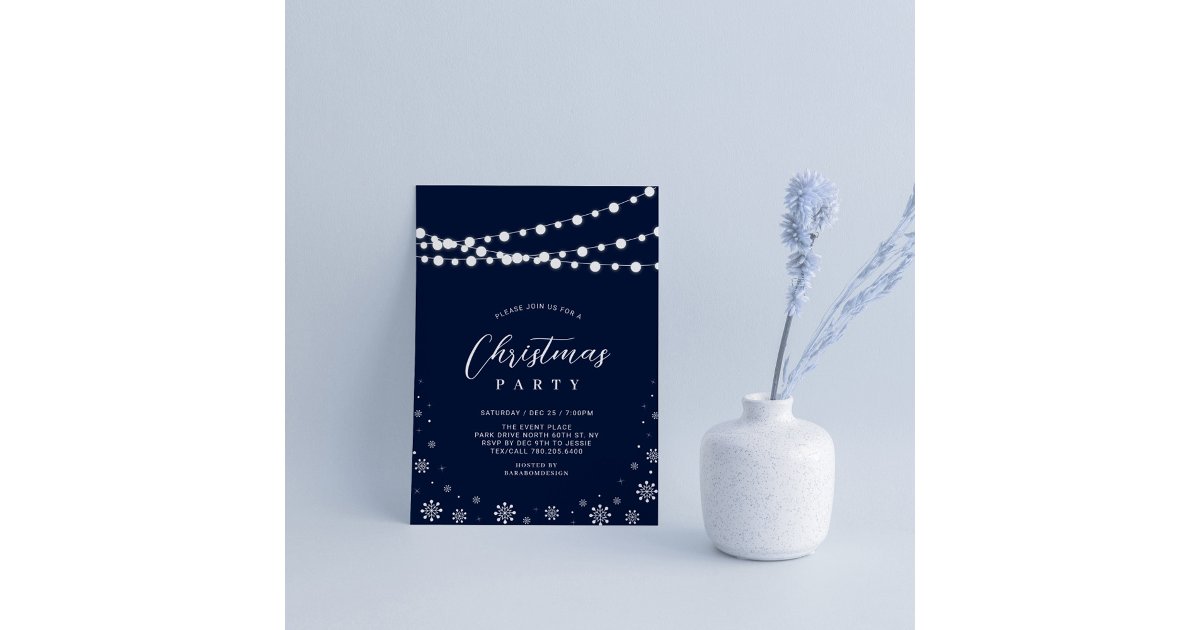 Navy & White | String Lights Christmas Party Invitation | Zazzle