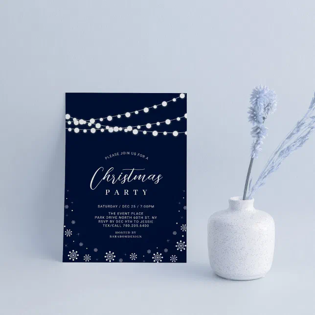 Navy & White | String Lights Christmas Party Invitation | Zazzle