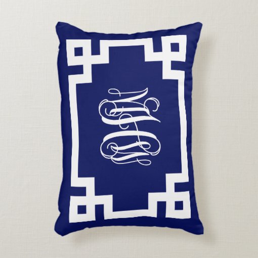 Navy White Vine Script Monogram Greek Key DIY BG Accent Pillow | Zazzle