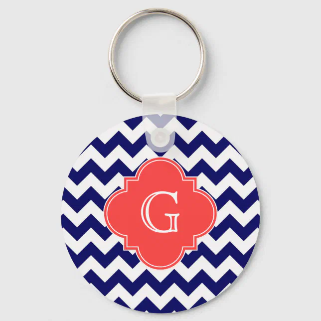 Navy Wht Chevron Zigzag Coral Quatrefoil Monogram Keychain | Zazzle