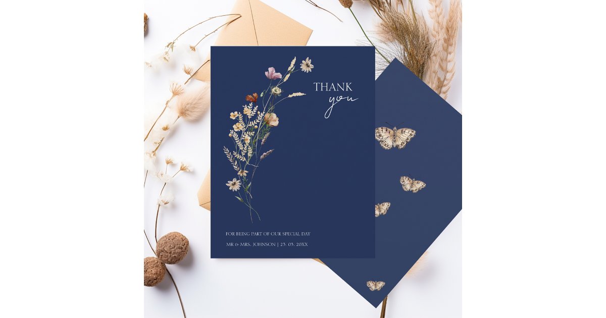 Navy Wildflower Fall Wedding Thank You Card | Zazzle