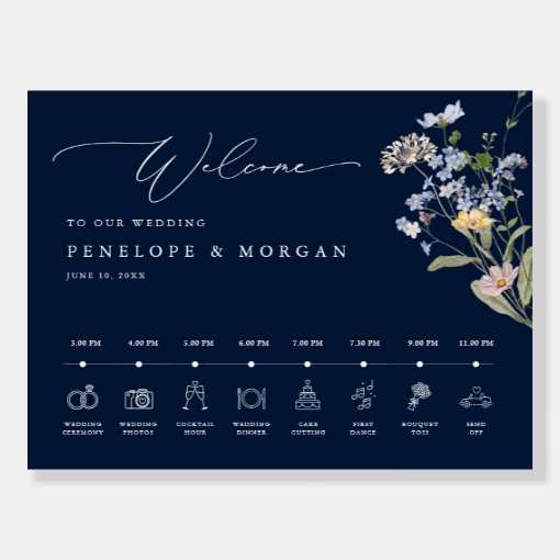 Navy Wildflower Garden Wedding Welcome Timeline Foam Board | Zazzle