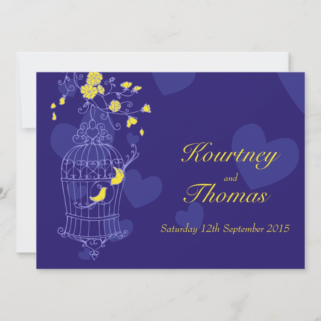 Navy & yellow birds open cage wedding invitation | Zazzle