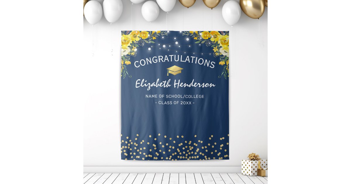 Navy & Yellow Floral Graduation Photo Backdrop | Zazzle