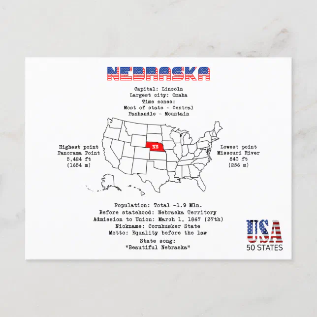 Nebraska American state on a map and useful info Holiday Postcard | Zazzle