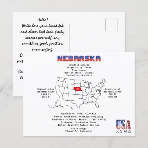 Nebraska American state on a map and useful info Holiday Postcard | Zazzle