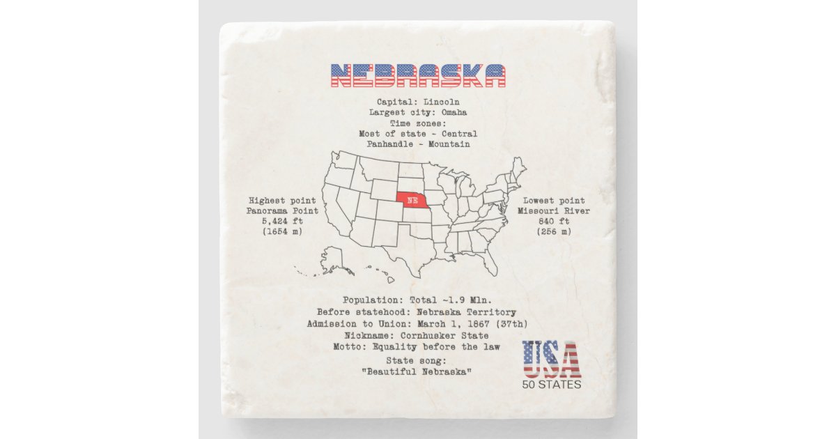 Nebraska American state on a map and useful info Stone Coaster | Zazzle