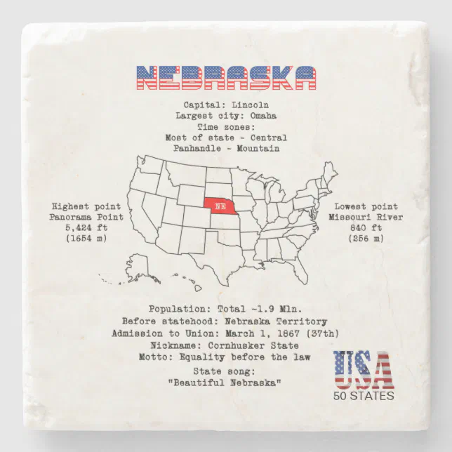Nebraska American State On A Map And Useful Info Stone Coaster Zazzle