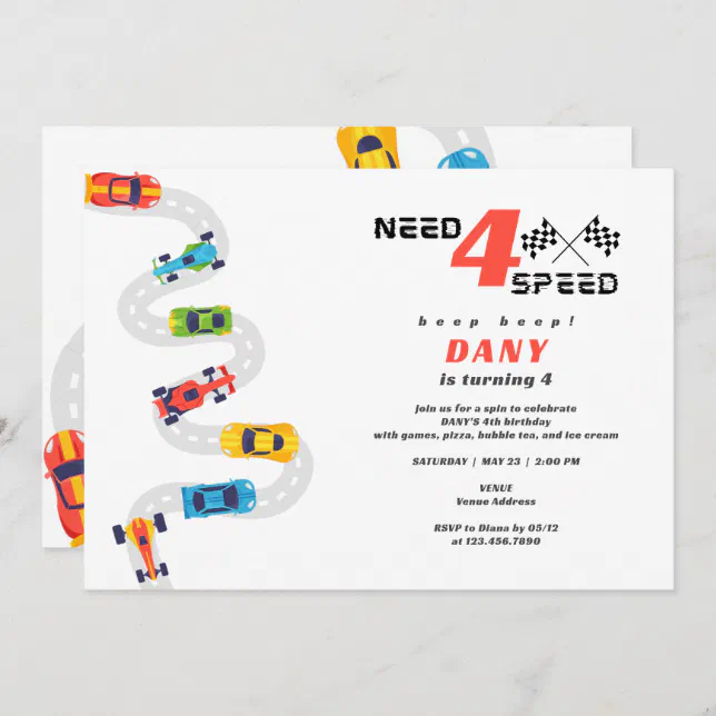 Need 4 Speed Motor Car Racing Boy Fourth Birthday Invitation | Zazzle