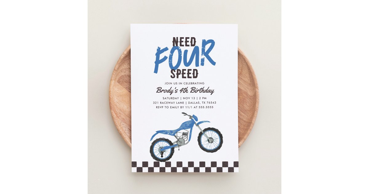 Need Four Speed Blue Dirt Bike Boy 4th Birthday Invitation | Zazzle