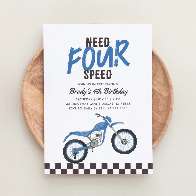 Need Four Speed Blue Dirt Bike Boy 4th Birthday Invitation | Zazzle