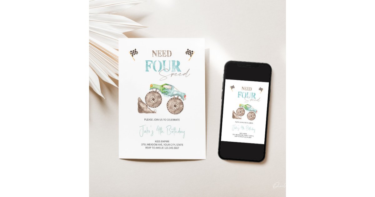 Need FOUR Speed Blue Monster Truck Invitation | Zazzle