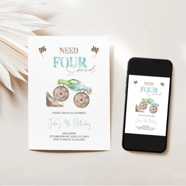 Need FOUR Speed Blue Monster Truck Invitation | Zazzle