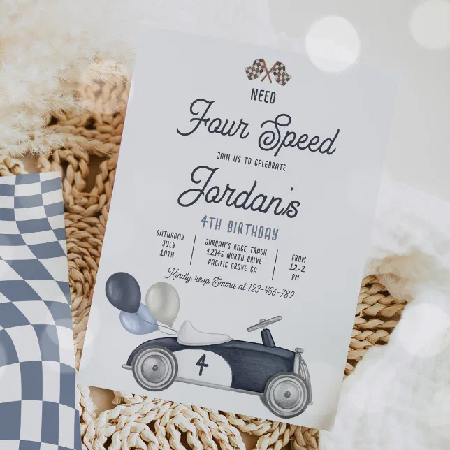 Need Four Speed Blue Race Car 4th Birthday Party Invitation | Zazzle