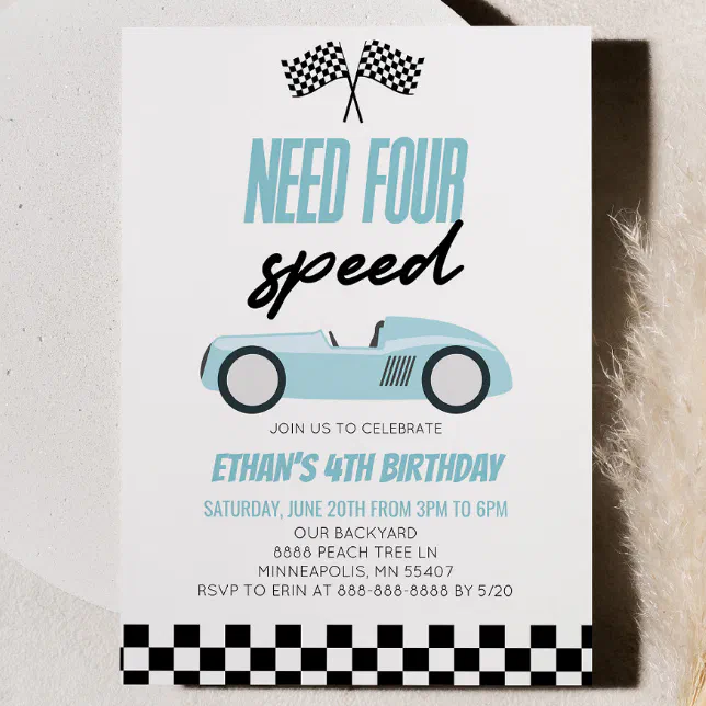 Need Four Speed Blue Race Car 4th Birthday Party Invitation | Zazzle
