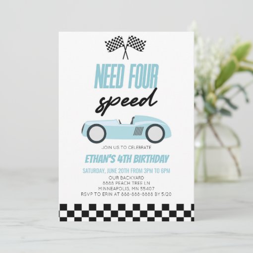 Need Four Speed Blue Race Car 4th Birthday Party Invitation | Zazzle
