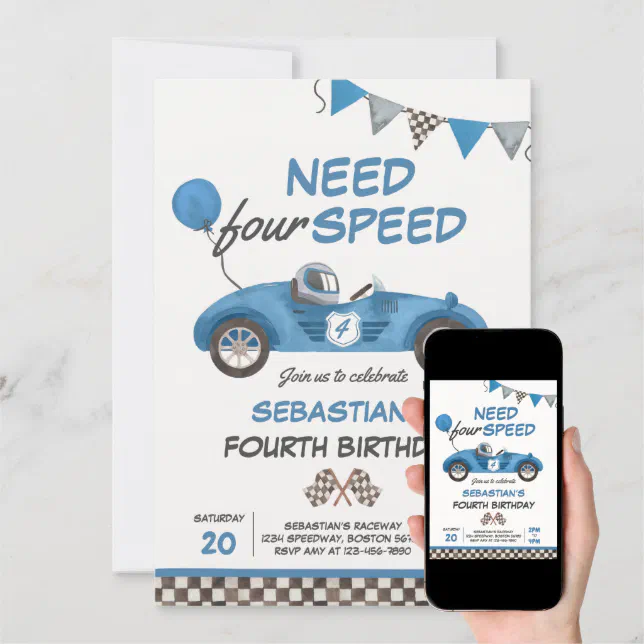 Need Four Speed Blue Race Car 4th Birthday Party Invitation | Zazzle