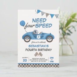 Need Four Speed Blue Race Car 4th Birthday Party Invitation | Zazzle