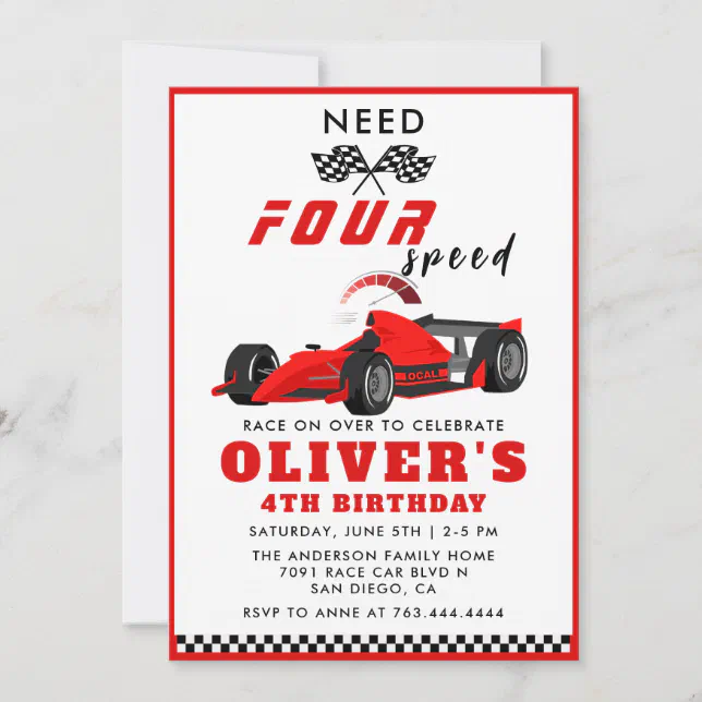 Need Four Speed Car Boy 4th Birthday Invitation | Zazzle