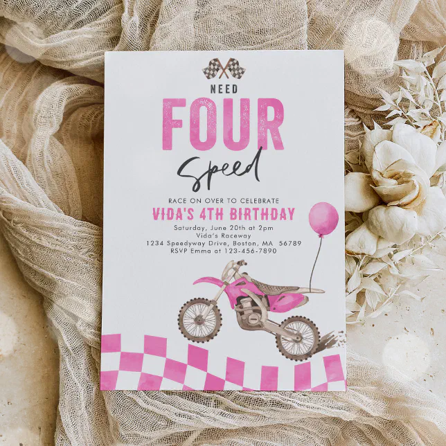 Need Four Speed Dirt Bike Girl 4th Birthday Party Invitation | Zazzle