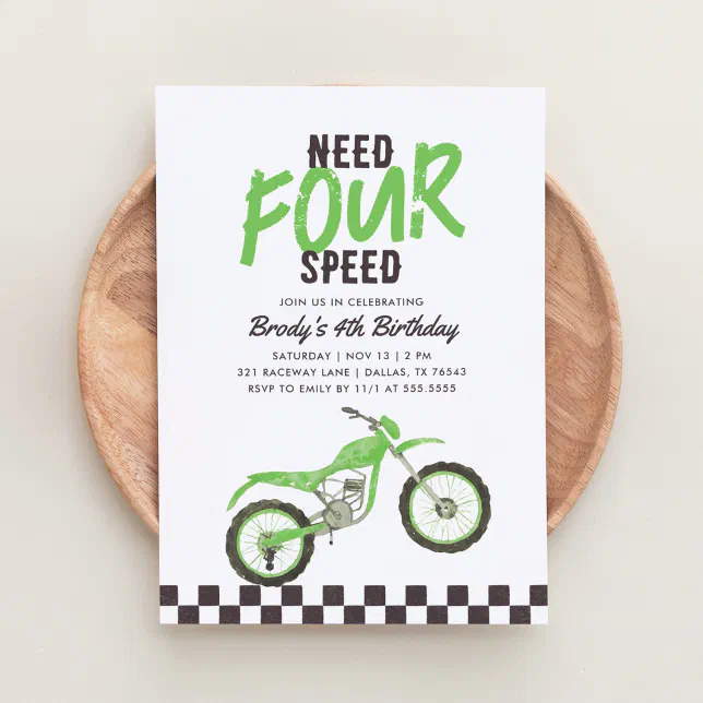 Need Four Speed Green Dirt Bike Boy 4th Birthday Invitation | Zazzle