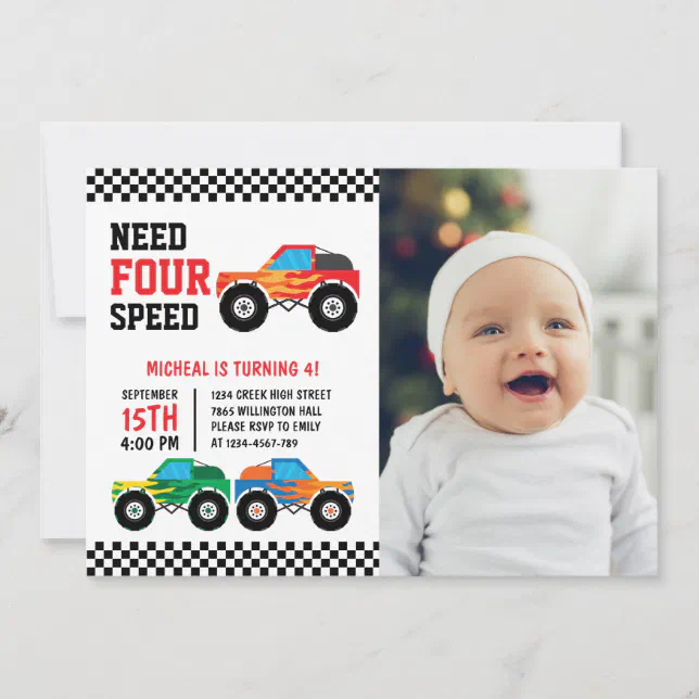 Need Four Speed Monster Truck 4th Birthday Photo Invitation | Zazzle