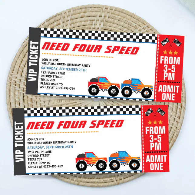 Need Four Speed Monster Truck Race Ticket Invitation | Zazzle