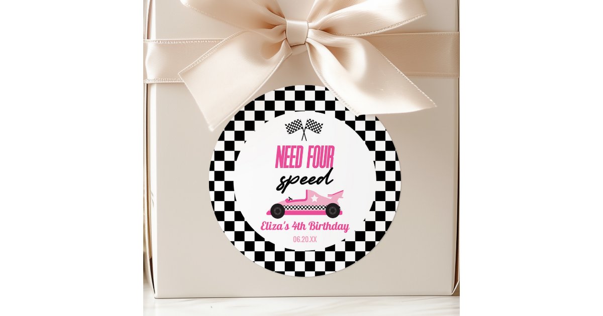 Need Four Speed Pink Race Car 4th Birthday Party Classic Round Sticker ...
