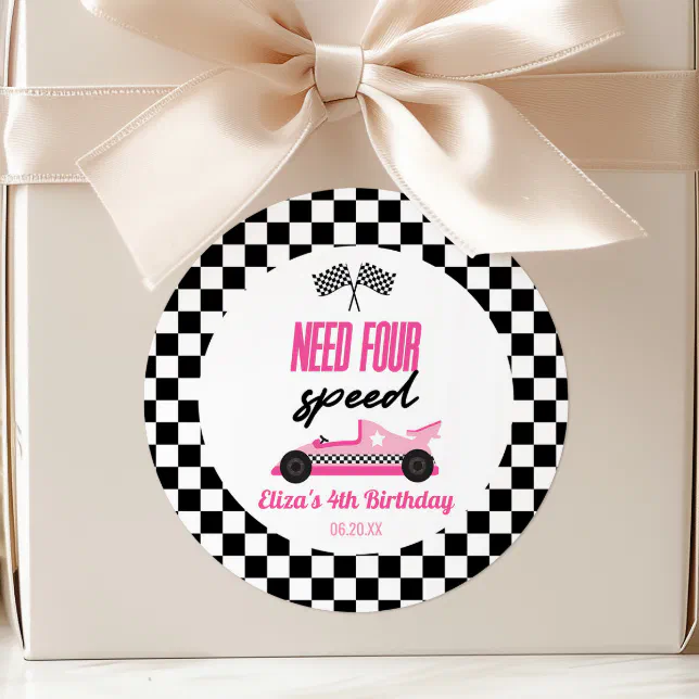 Need Four Speed Pink Race Car 4th Birthday Party Classic Round Sticker ...