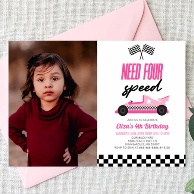 Need Four Speed Pink Race Car 4th Birthday Party Invitation | Zazzle