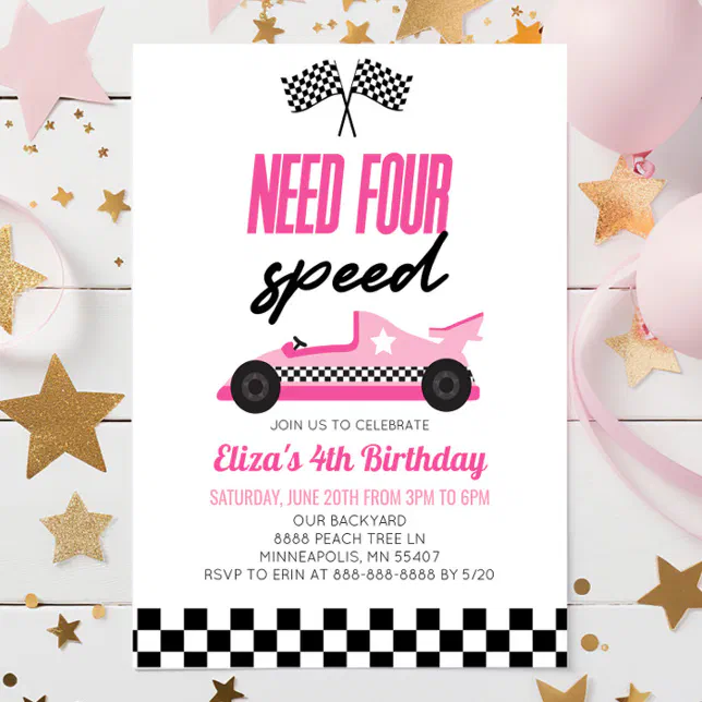 Need Four Speed Pink Race Car 4th Birthday Party Invitation | Zazzle