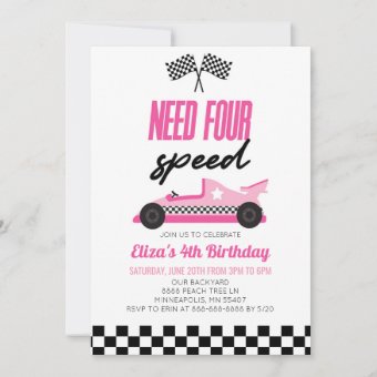 Need Four Speed Pink Race Car 4th Birthday Party Invitation | Zazzle